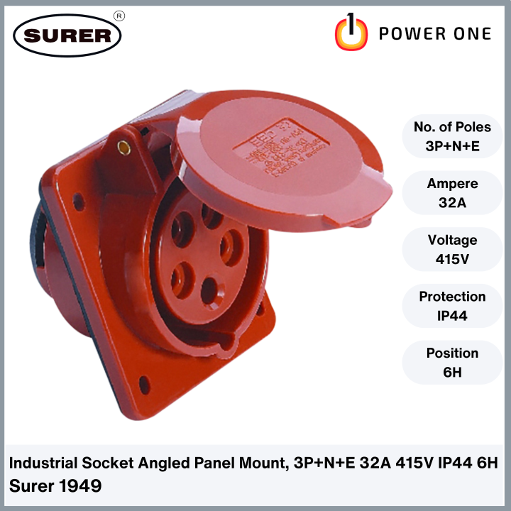 Surer 1949 Industrial Socket, Angled Panel Mount 3P+N+E, 32A 415V, IP44, 6H (1940 Series ...