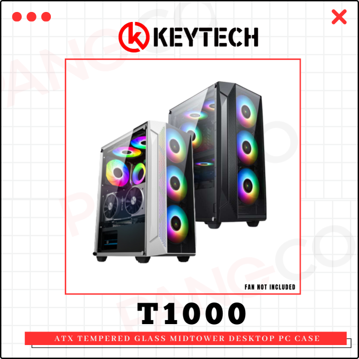 KEYTECH T1000 ATX Tempered Glass Midtower Desktop PC Gaming Case w/ 4x ...