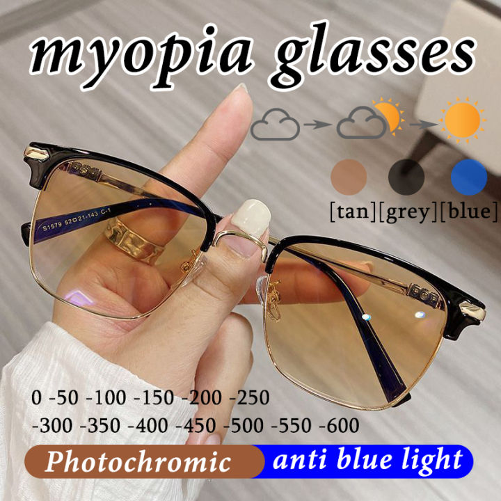 3 In1 Photochromic Myopia Glasses Fashion Square Half Frame Myopia ...