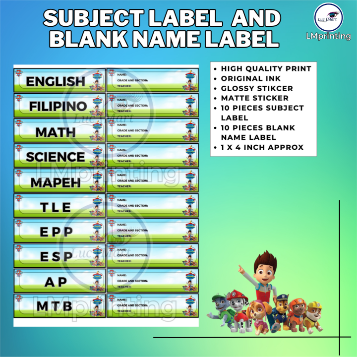 LUCSMART printsNcrafts NEW DESIGN PAW PATROL THEMED Subject and Name ...