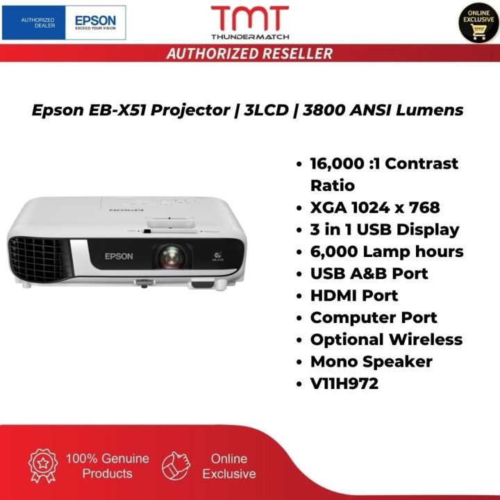 Epson EB-X51 Projector 3LCD 3800 ANSI Lumens V11H972 | Lazada