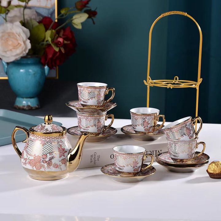 14 pcs Medieval European Fantasy Teacup and Teapot Set with Metal Rack ...