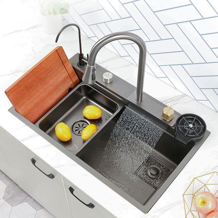 Nano kitchen sink black nano 304 stainless steel waterfall kitchen sink ...