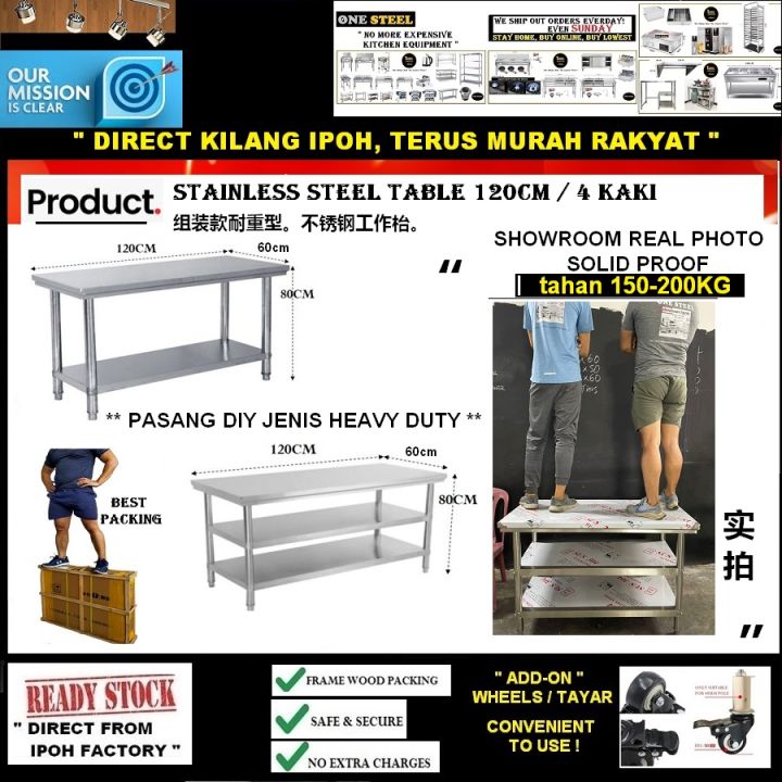 WORK TABLE DIY PEMASANGAN STAINLESS STEEL 120CM/4 KAKI. MEJA KERJA ...