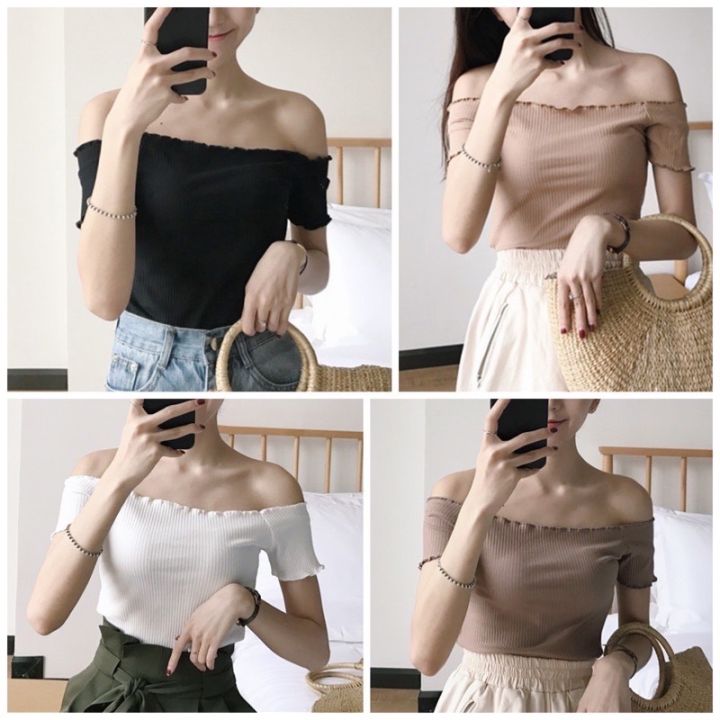 [#020] เสื้อครอป ปาดไหล่ คอหยัก แขนหยัก ครอปเก๋ น่ารัก ️ ผ้ายืดใส่สบาย ...
