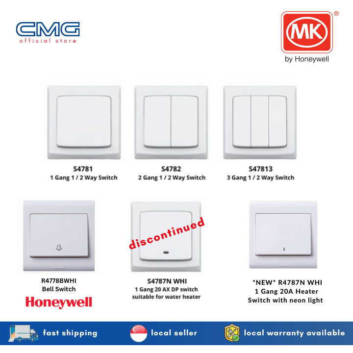 MK by Honeywell Slimline Wide Rocker 1/2/3 Gang 1/2 Way Switch, Bell ...