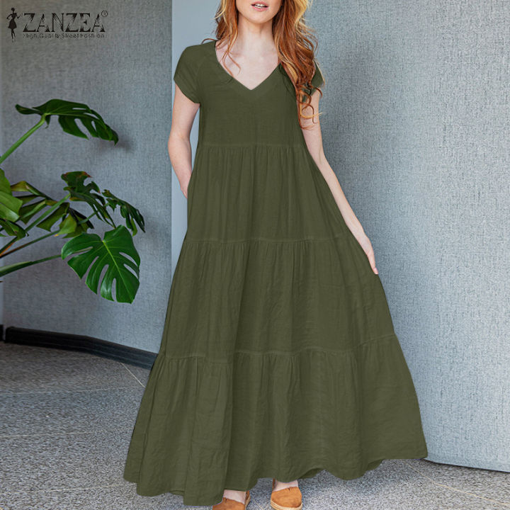 ZANZEA Womens Short Sleeve V Neck Tiered Ladies Evening Elegant Swing ...