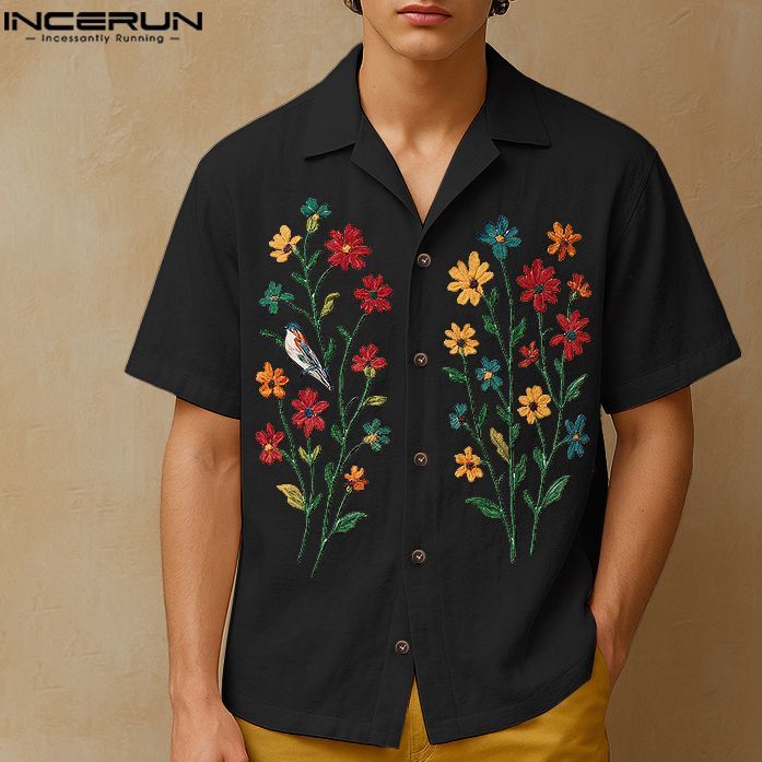 INCERUN Shirts For Men Vintage Floral Embroidery Short Sleeve Button Up ...