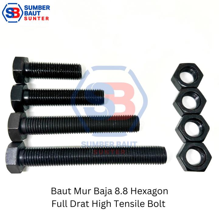 M10x120 Baut Mur Baja 8.8 FULL DRAT Hitam Hex HTB High Tensile 10x120 ...