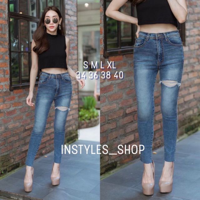 💥BIG SIZE (S-40”) กางเกงยีนส์ขาเดฟเอวสูง สกินนี่เอวสูงผ้ายีนส์ยืดเก็บ ...