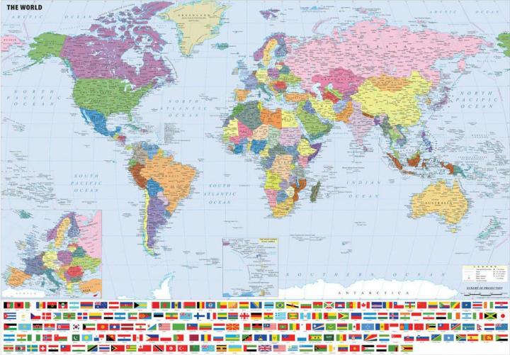 WORLD MAP WALL CHART INCLUDING FLAGS LAMINATED OPTION Art Silk Poster ...