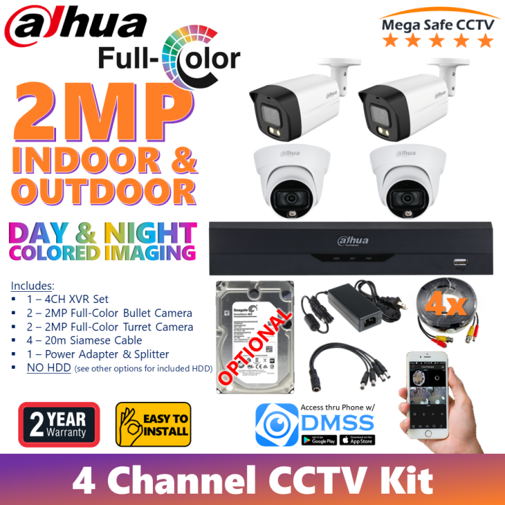 Dahua 4-Channel 2MP Full-Color 4Cameras (2 Bullet, 2 Turret) Outdoor 4CH 4Channel DIY Alhua CCTV ...