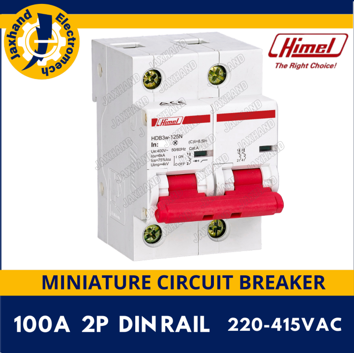 HIMEL MINIATURE CIRCUIT BREAKER 100 AMPERES 2-POLE DIN RAIL TYPE RATED 230V / 400V / 415V 10KAIC ...
