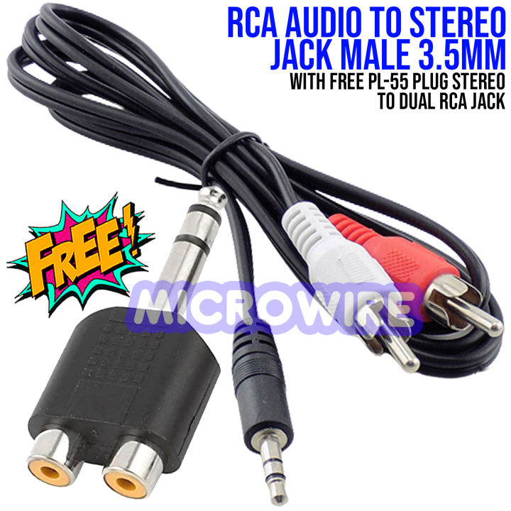 1.5M Male 3.5mm to 2 RCA AV Audio Cable With FREE PL-55 Plug Stereo To ...