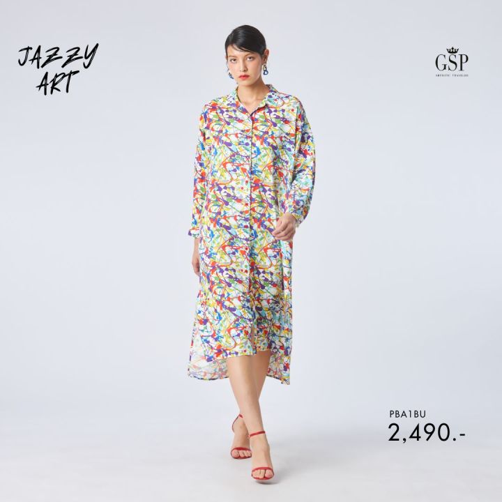 GSP Shirt dress Jazzy Art เชิ๊ตเดรส ทรงหลวม แขนยาว สีสดใส PBA1BU | Lazada.co.th
