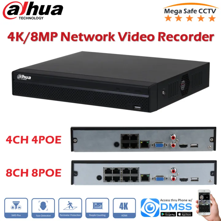 Dahua 4CH/8CH 4K H.265 4POE/8PoE NVR, 1 SATA interface, 8 Built-in PoE ...