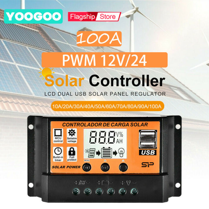 Solar Panel Controller LCD 100A 12V/24V PWM Solar Kontroler Panel Surya ...