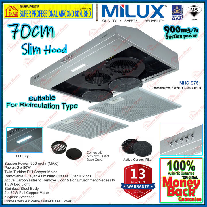 Milux Slim Hood MHS-S751 Stainless Steel Slim Cooker Hood (70cm ...