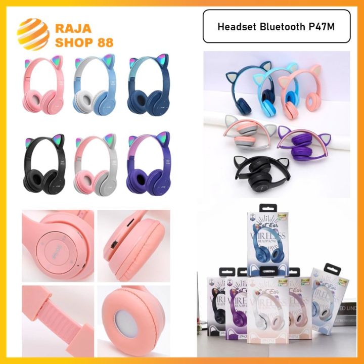 Headphone Bluetooth P47M Headset Bando LED Wireless Gaming Cat Ears RGB ...