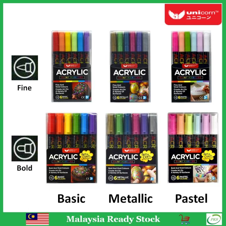 Unicorn Acrylic Paint Marker 6 Colors Set Basic/Metallic/Pastel (UAM ...