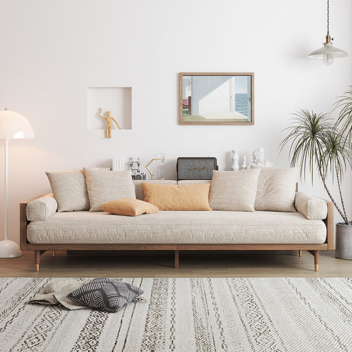 Japanese-style solid wood fabric sofa Small apartment living room ...