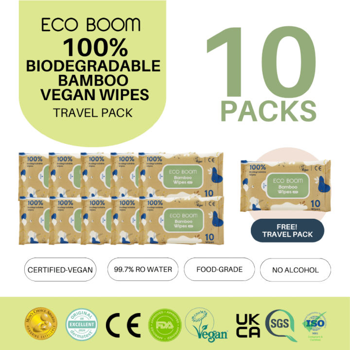 BUNDLE OF 10 ECO BOOM 100% Biodegradable Bamboo Water Wipes Travel Pack ...