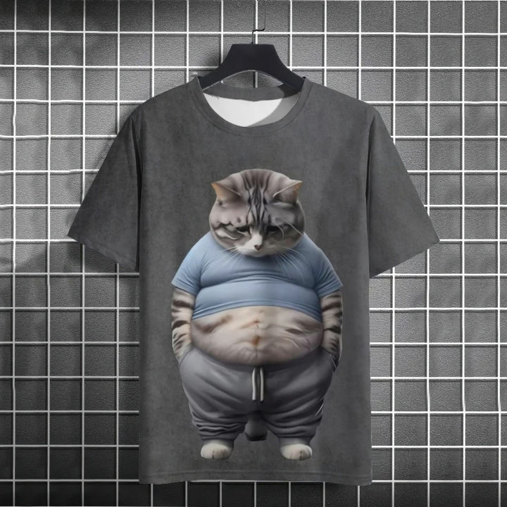 Funny Fat Cat 3D Pattern Printed Round Neck Top Summer New Men's Animal ...