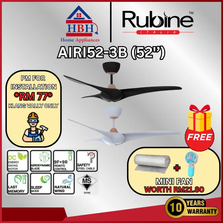 Kipas Siling Motor DC [RUBINE] RCF-AIRI52-3B 3 Blade / SIRIM 5 Energy Star Reversible / Remote ...