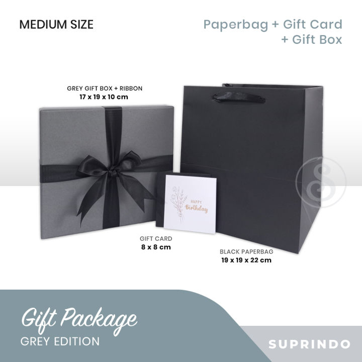 Premium Gift Set Paper Bag + Kotak Kado + Kartu Ucapan (17x19x10, ABU ...