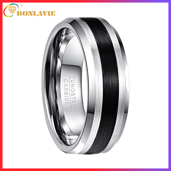 BONLAVIE Mens 8MM Tungsten Ring Brushed Finish and Black Center Beveled ...