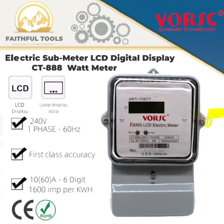 VORSC Electric Meter LCD Digital Type Kwh Sub-Meter CT-888 60Amp ...