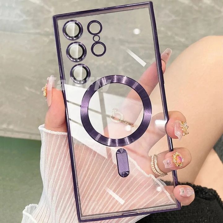 Plating Transparent For Magsafe For Samsung Galaxy S21 S22 S23 Ultra Plus Case magnetic Wireless ...