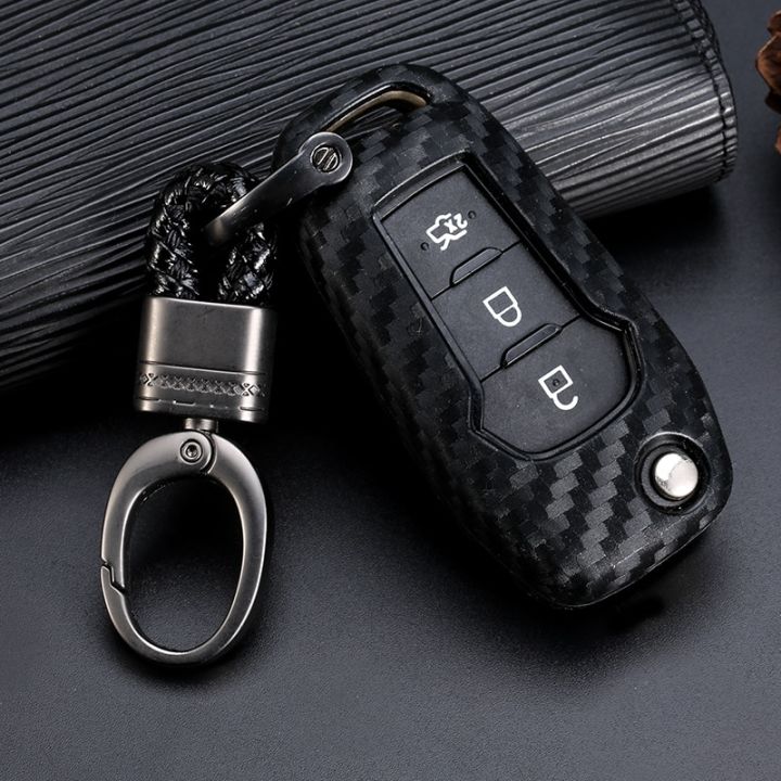 Carbon Fiber Style Silicone Flip Car Key Fob Case Cover Keychain Holder ...