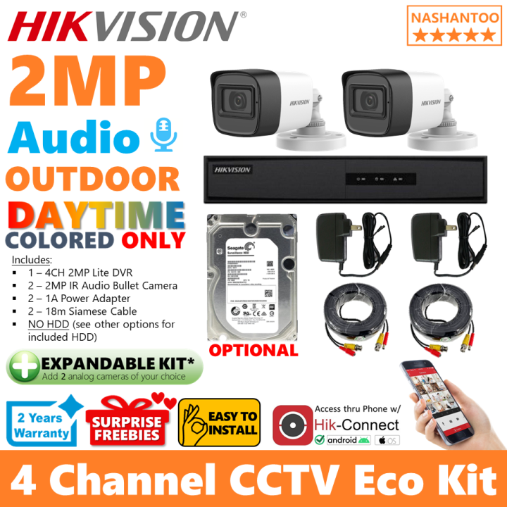 HIKVISION 4 Channel 2MP 2Cameras IR Audio Outdoor Bullet 4CH DIY ECO CCTV Package Complete Kit ...