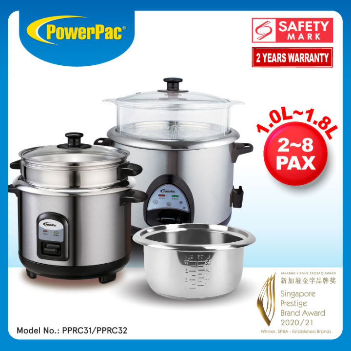 PowerPac Rice Cooker 1.0L/1.8L, Rice Cooker with Stainless Steel Pot ...