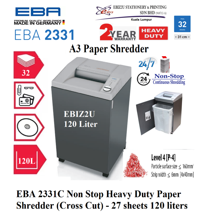 EBA 2331 C Non Stop Heavy Duty A3 Paper Shredder (Cross Cut) 4x40mm ...