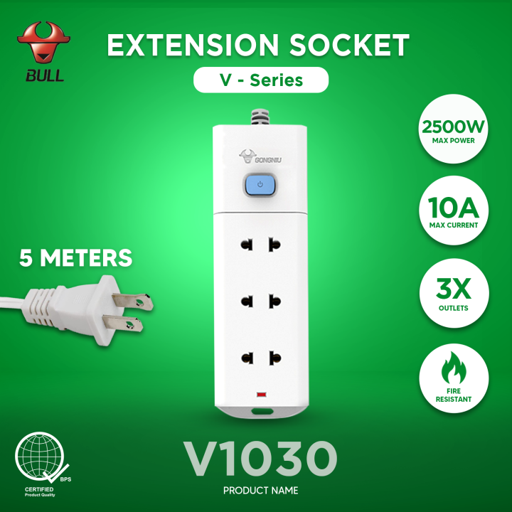 Bull Extension Socket V Series V1030 500cm Cable 3 Outlets 2500w 10A ...