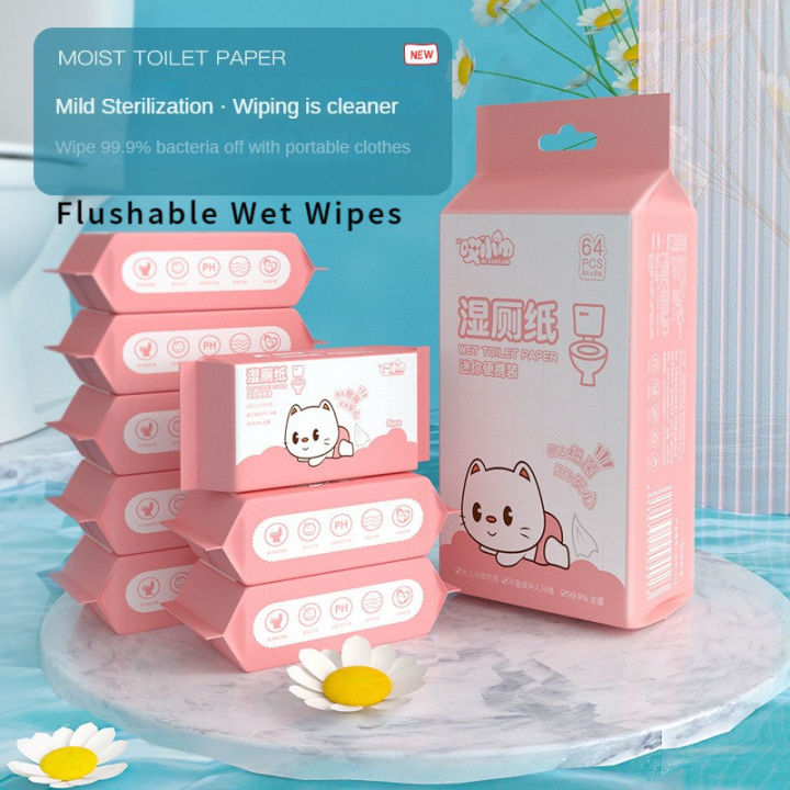 64 Sheets Flushable Wet Wipes Portable Toilet Paper Mini Wet Tissue ...