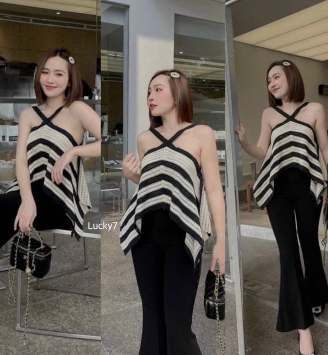 Risara🧸เสื้อสายเดี่ยวไขว้หน้าลายทาง เสื้อแต่งฉลุสวยมากก | Lazada.co.th