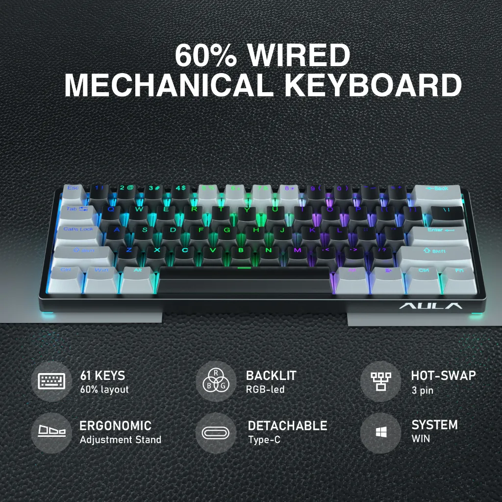 AULA F3261 RGB Mechanical Gaming Keyboard-Grey White Keycap