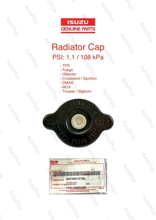 Isuzu Genuine Parts Isuzu Radiator Cap 1.1 (108kPa): Crosswind Sportivo ...