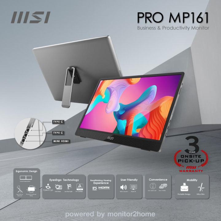 จอพกพา MSI PRO MP161 E2U 15.6" Portable Monitor, Adjustable kickstand, FHD (1920 x 1080), 60Hz ...