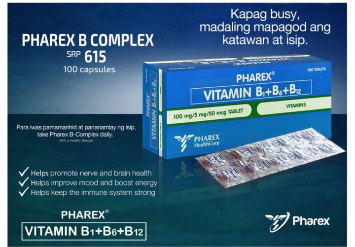 Pharex B COMPLEX Vitamin B1+B6+B12 100 Tablets | Lazada PH