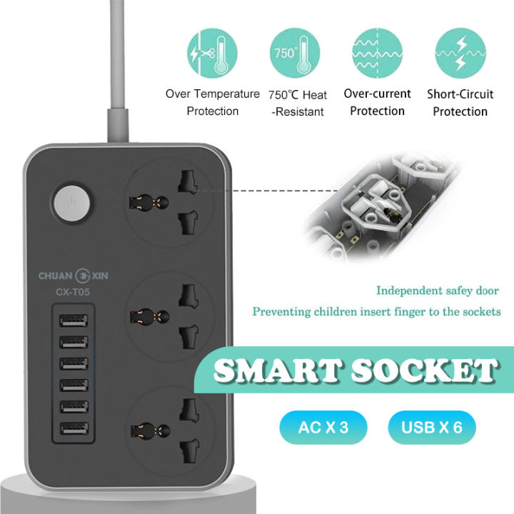 2M 4M Universal Charger HUB 3A AC110-250V 2500W Power Strip with 3 ...