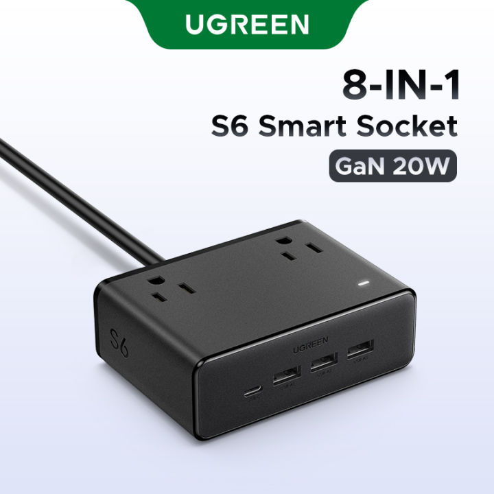 【New】UGREEN 8 IN 1 S6 Smart Socket GaN 20W 3 USB A Smart Charger 3A 1C ...