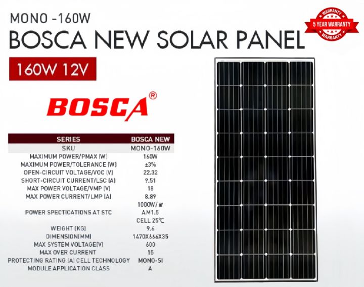 BOSCA 5 Year Warranty 160W Solar Panel Mono 160 Watt 12 Volt Pv Solar ...