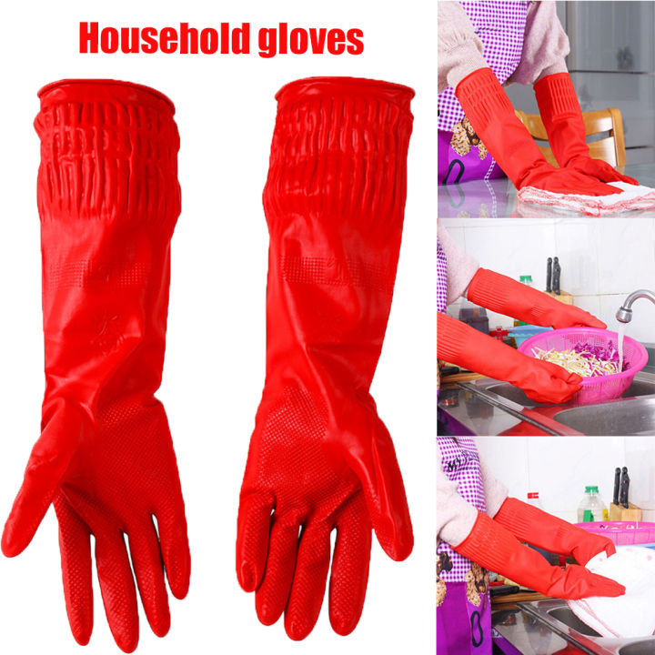 Red Cleaning Rubber Waterproof Wash Dishes Latex Gloves Long Sleeve ...