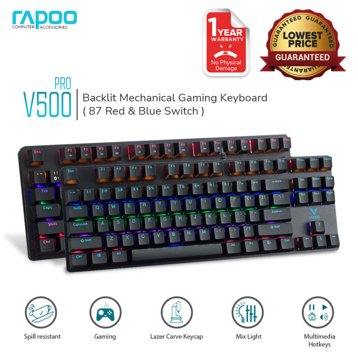 Rapoo V500PRO-87 Backlit Mechanical Gaming keyboard Dust and Water Resistance Mixed LED Backlit ...