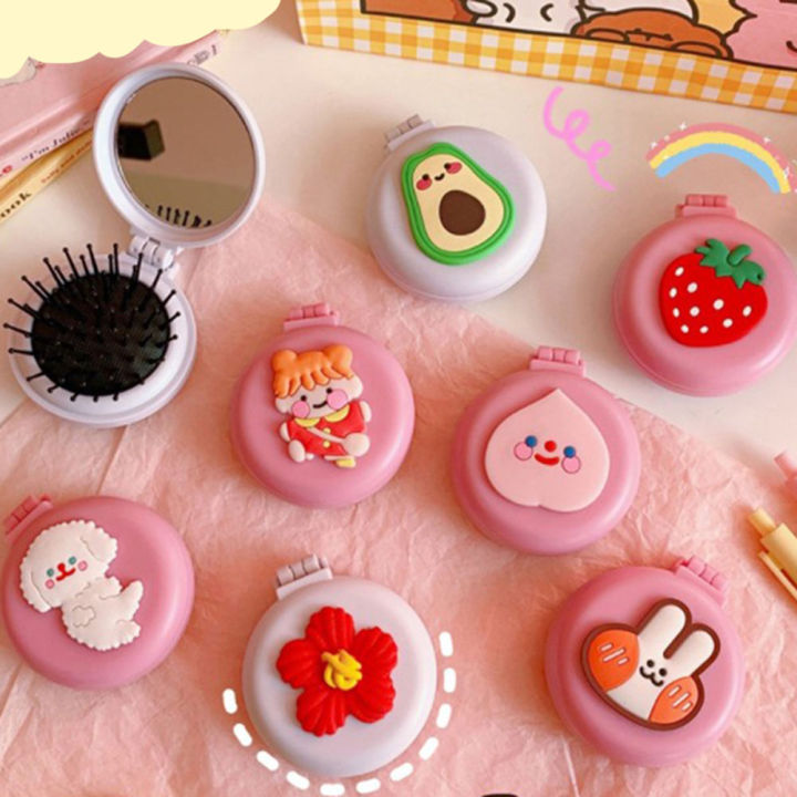 Erhana Girls Round Comb Mini Folding Comb Hair Brush Cartoon Makeup Comb With Mirror Round