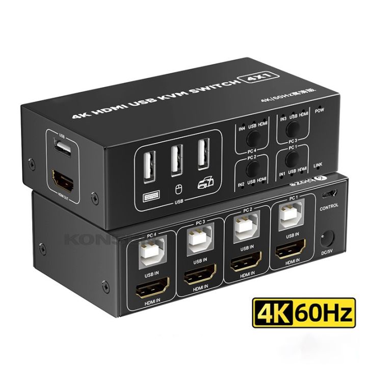 4 Port HDMI KVM Switch 4x1 HDMI USB Switch Share 4 Computers with One Monitor 4K KVM Switcher ...